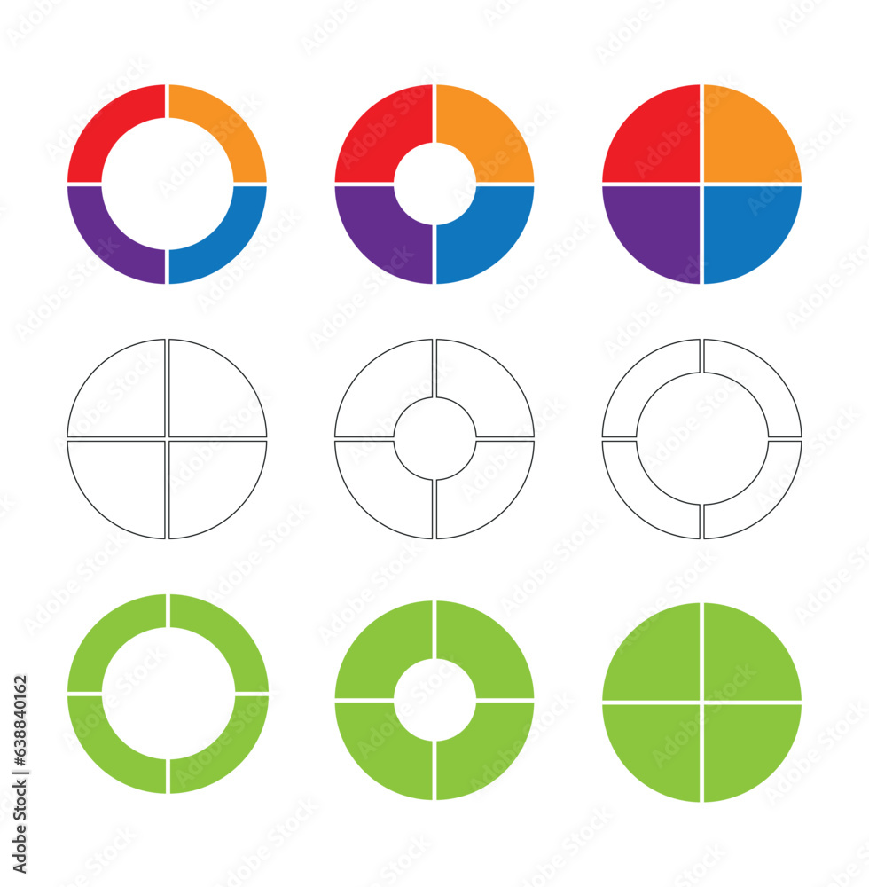 Vector set of four parts of a circle. Pie chart with four same size ...