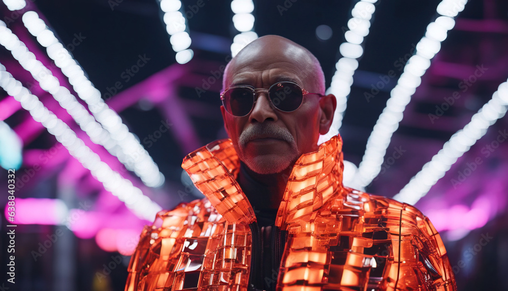 A high-fashion photo featuring an old male model in neon outfit avant ...