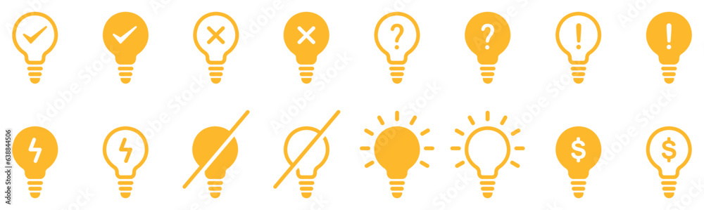 Set of light bulb icons. Lamp with check marks and signs, light bulbs ...