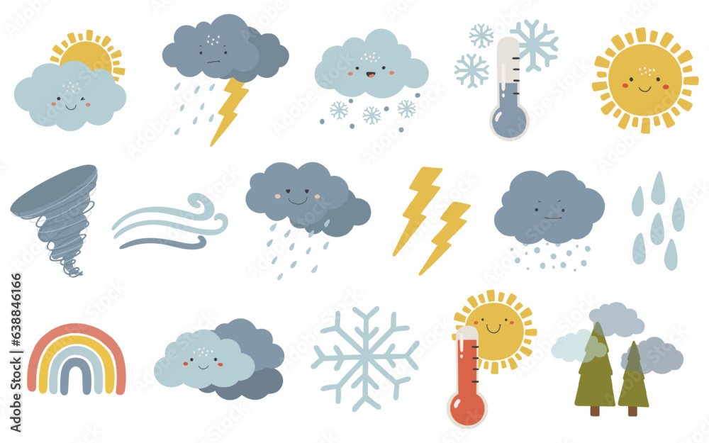 Weather illustration set, kids vector, sun, cloudy illustration ...