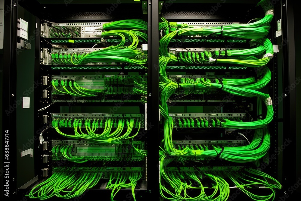Server room with switch, internet cables and wires. Fiber optic ...