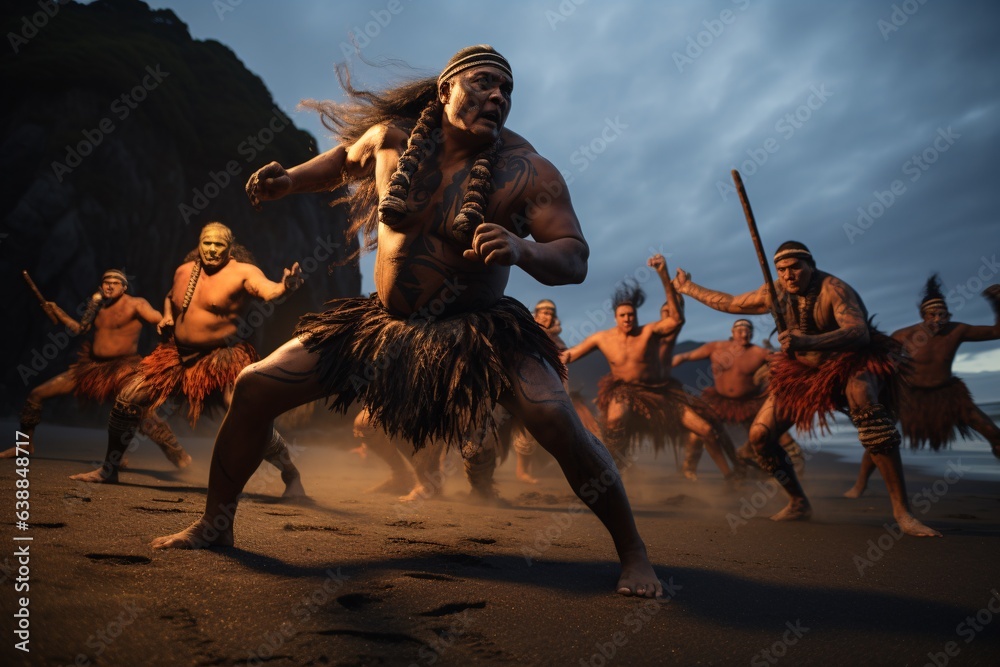 Maori Haka dance is distilled into a single frame. With warriors ...