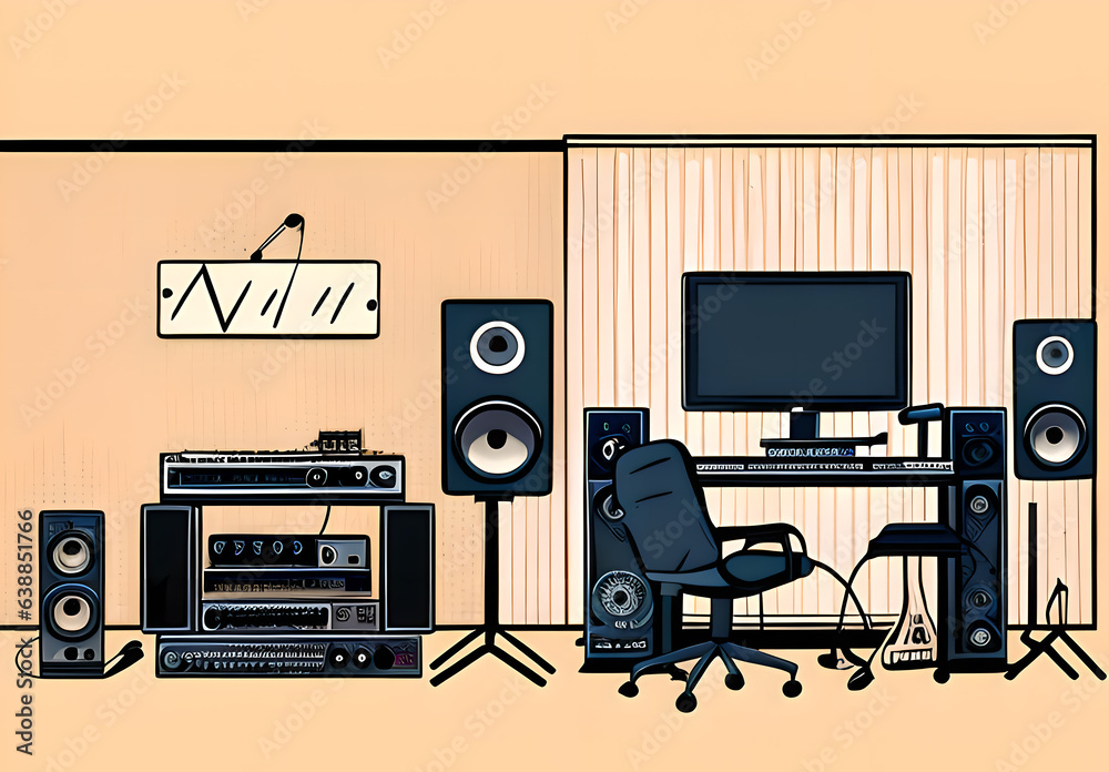 Recording studio control room with professional equipment. Isometric ...