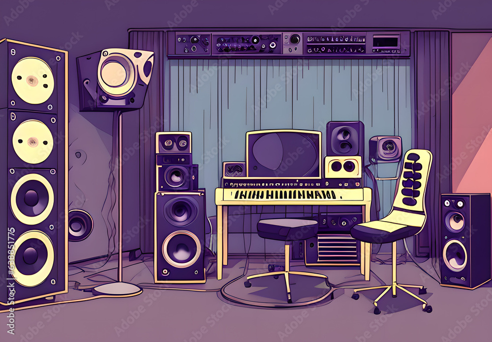 Recording studio control room with professional equipment. Isometric ...