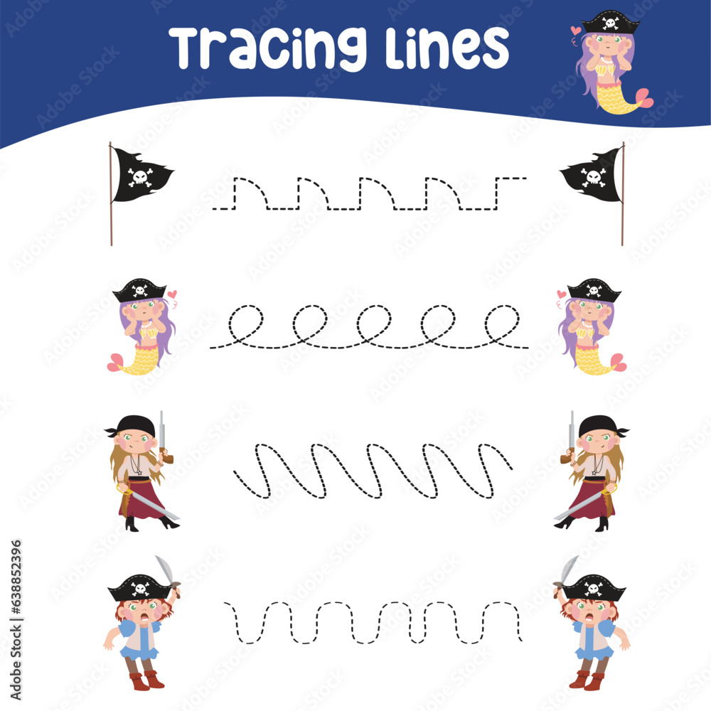 Tracing horizontal lines activity with cute pirate theme. Tracing ...