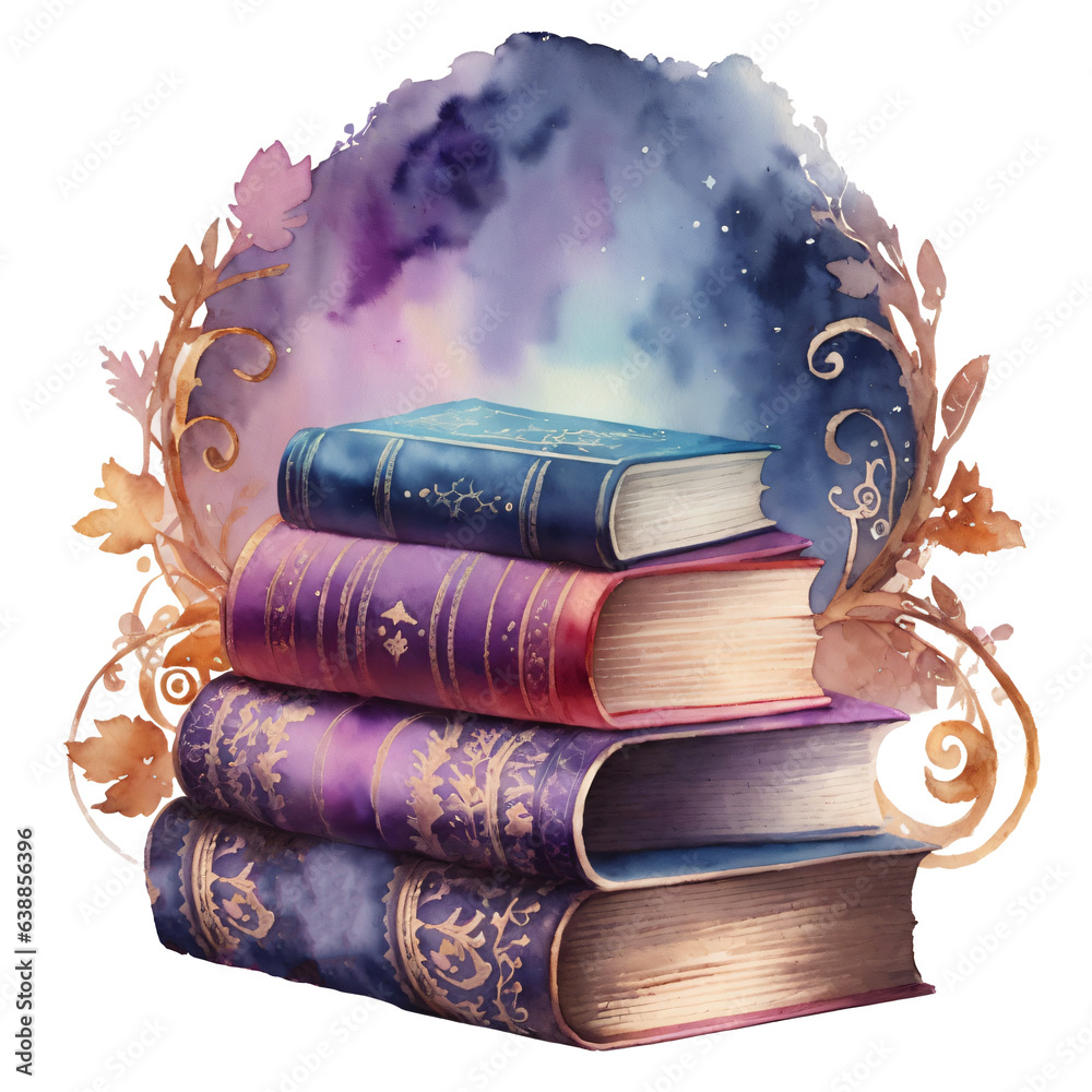 Watercolor Fantasy Books Clipart - Galaxy Wizard Book Stacks and ...