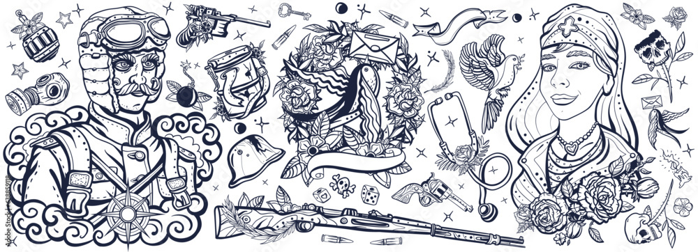 Old school tattoo black and white style vector collection. World War ...