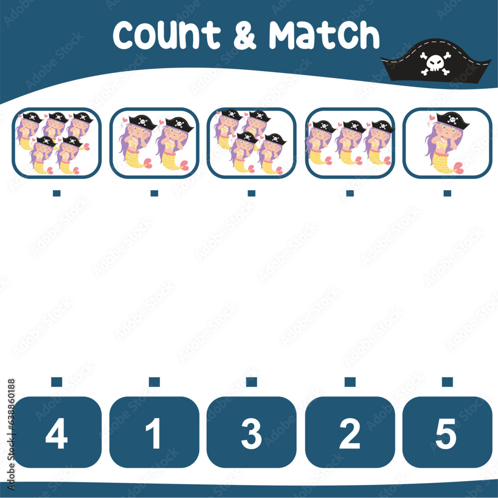 Count and match together a cute mermaid with pirate hat with the number ...
