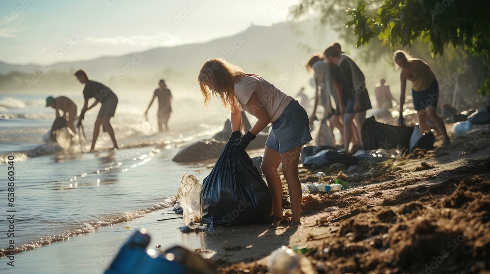 A group of people, volunteers united together clean up garbage on the ...