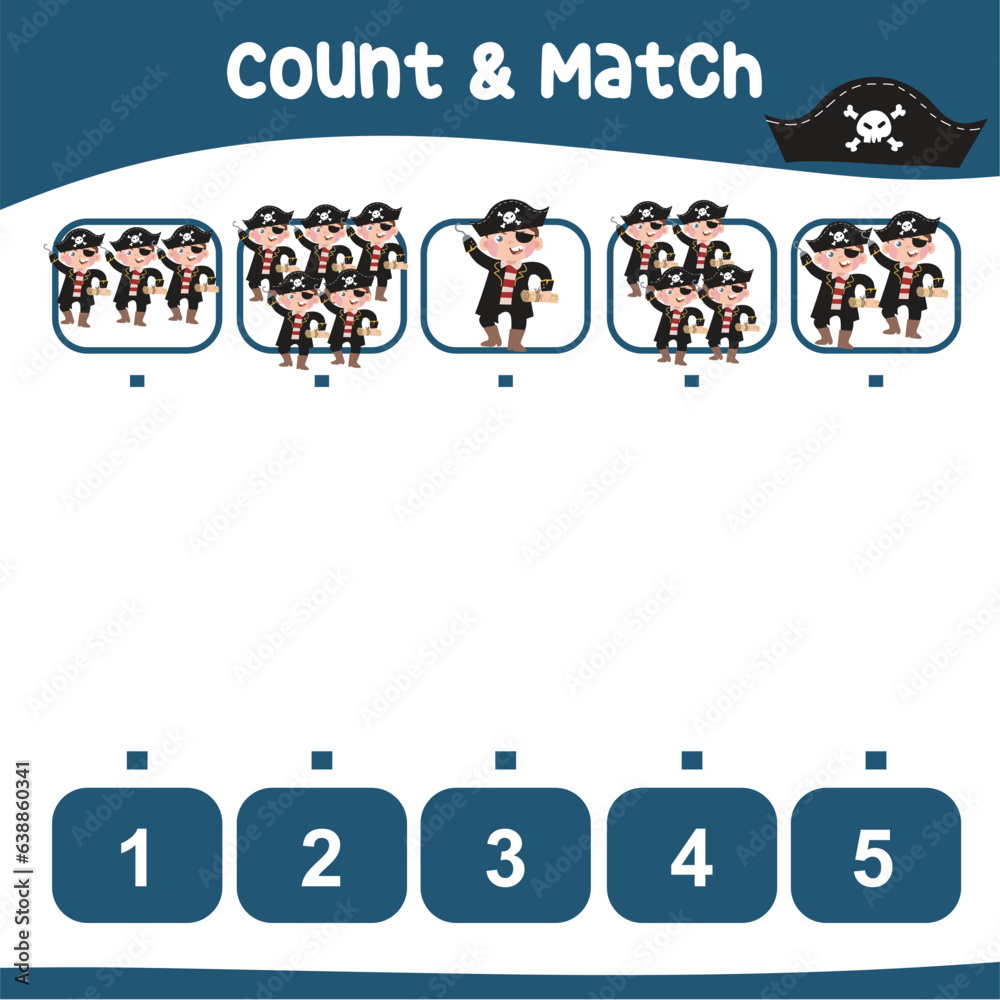 Count and match together the cute captain pirate boy with the number ...