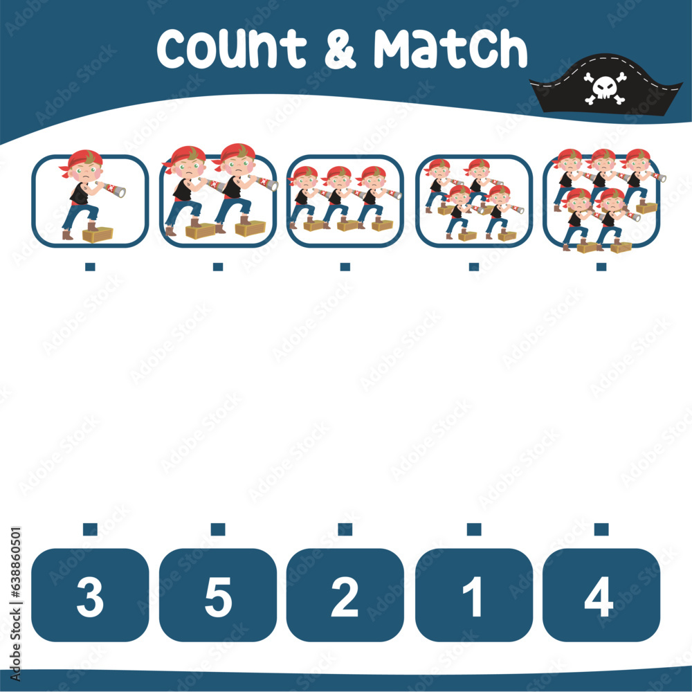 Count and match together the cute pirate boy holding a binocular with ...