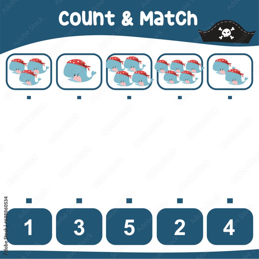 Count and match together a cute whale wears pirate bandana with the ...