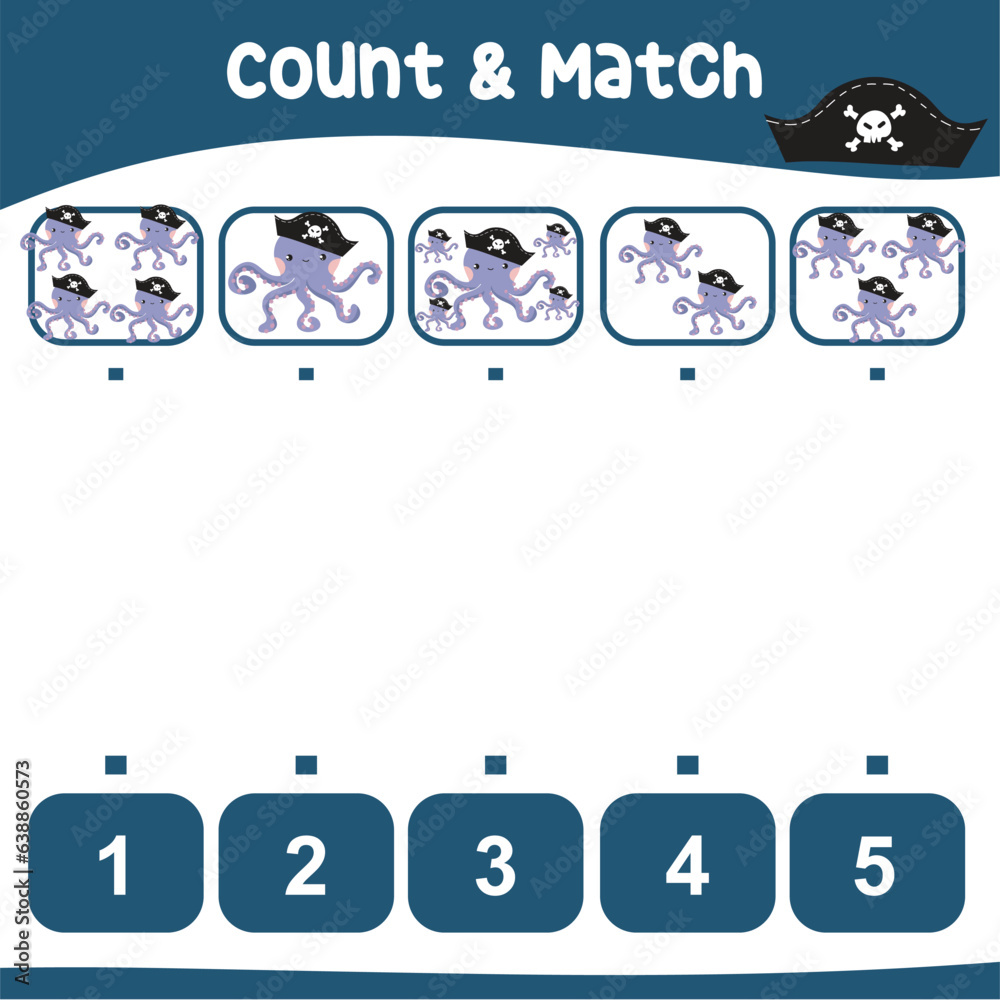 Count and match together a cute octopus wear pirate hat with the number ...