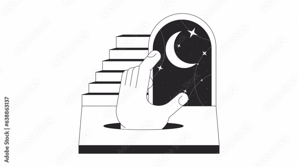 Fantasy surreal night bw outline 2D animation. Hand hanging moon 4K ...