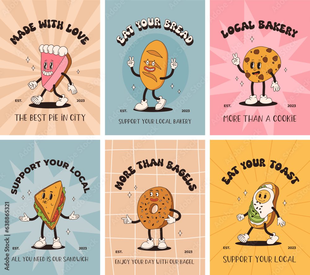 Vector cartoon retro mascot of bread, pastry, burger, sandwich. Vintage ...