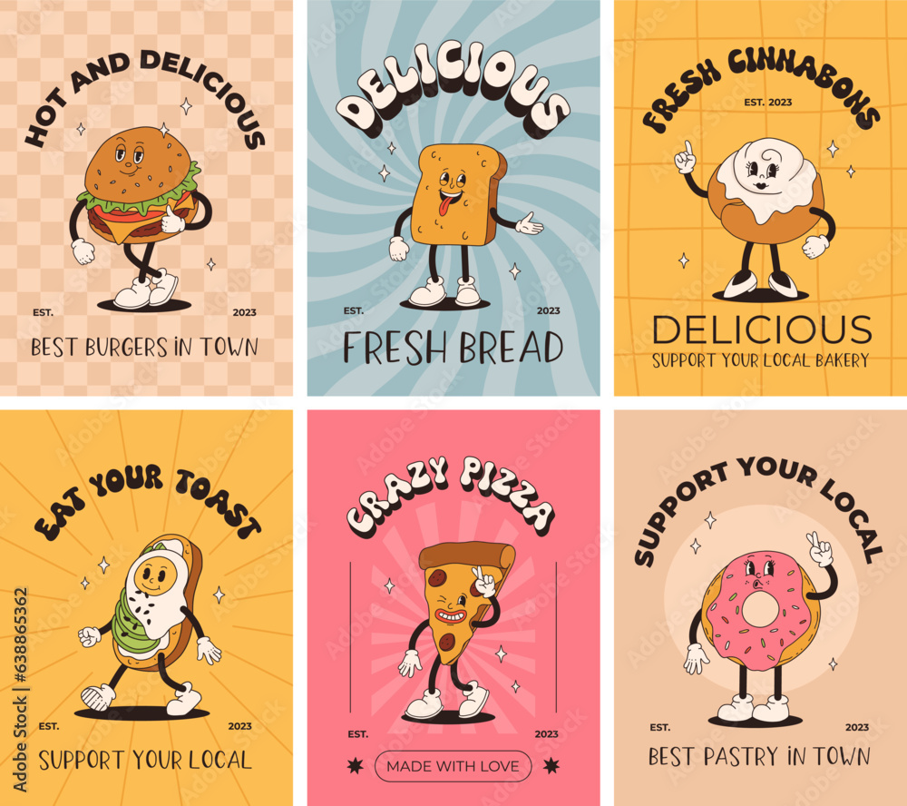 Vector cartoon retro mascot of bread, pastry, burger, sandwich. Vintage ...