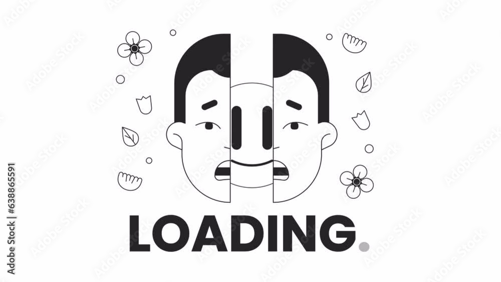 Shy guy split face bw loading animation. Emoticon smiling inside ...