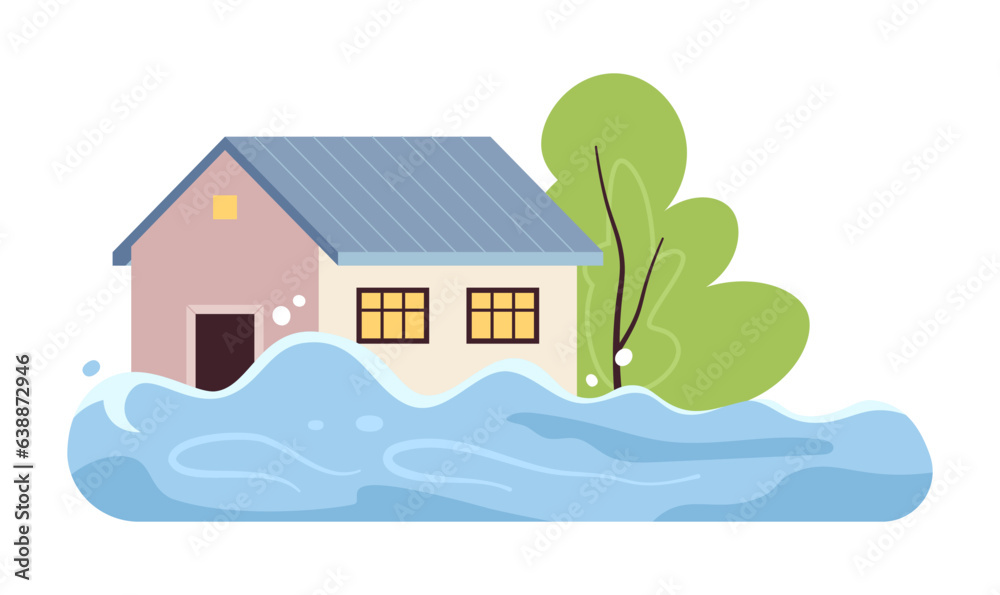 Flooded house semi flat colour vector object. Natural disaster. Flood ...