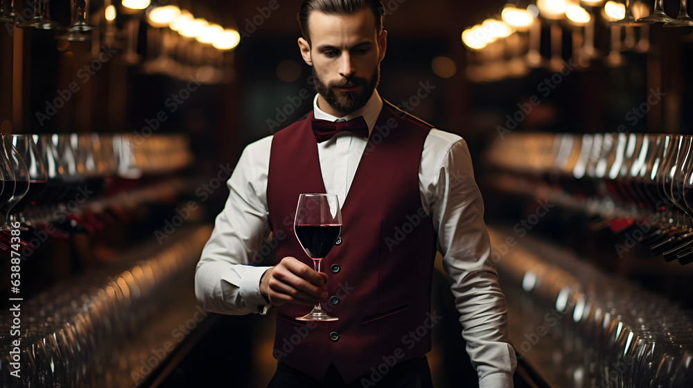 Confident handsome male sommelier. Thoughtful young sommelier is ...