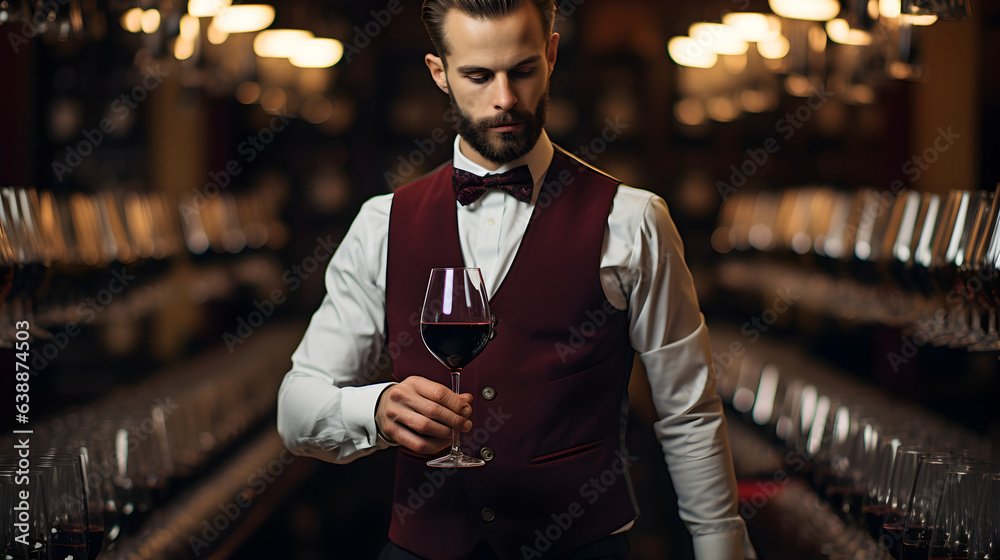Confident handsome male sommelier. Thoughtful young sommelier is ...