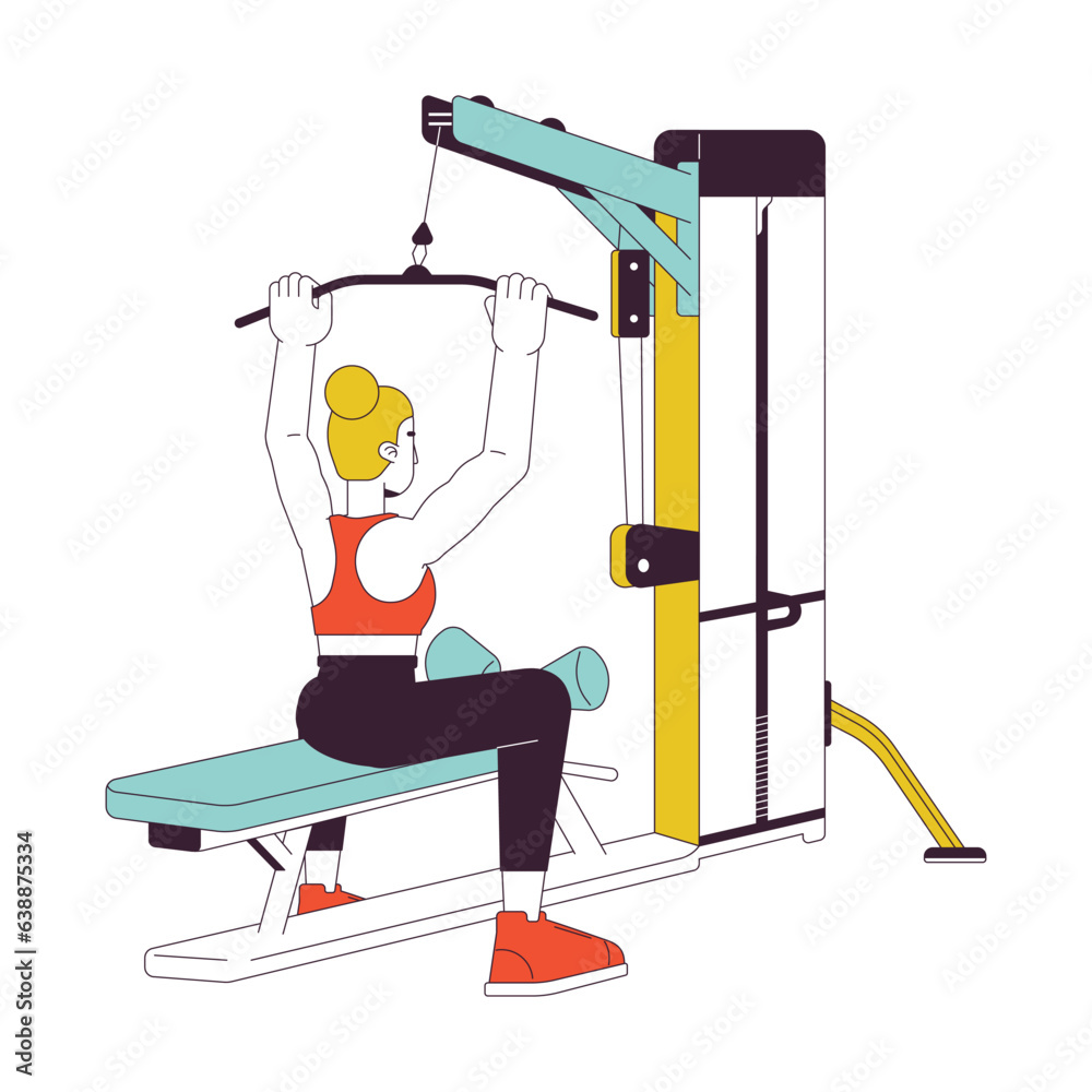 Woman grasping bar on lat pulldown machine flat line color vector ...
