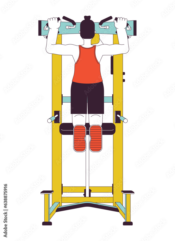 Man pulling up on pullup machine flat line color vector character ...