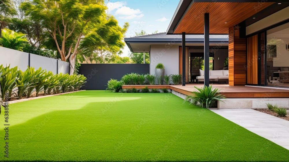 Contemporary Lawn Turf with Wooden Edging in Front Yard of Modern ...