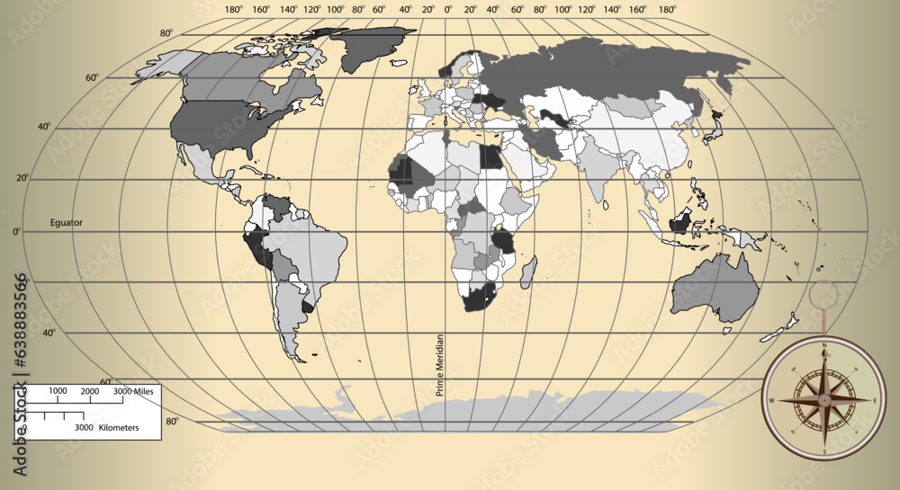 Vector map of the world with countries and a grid in the projection for ...