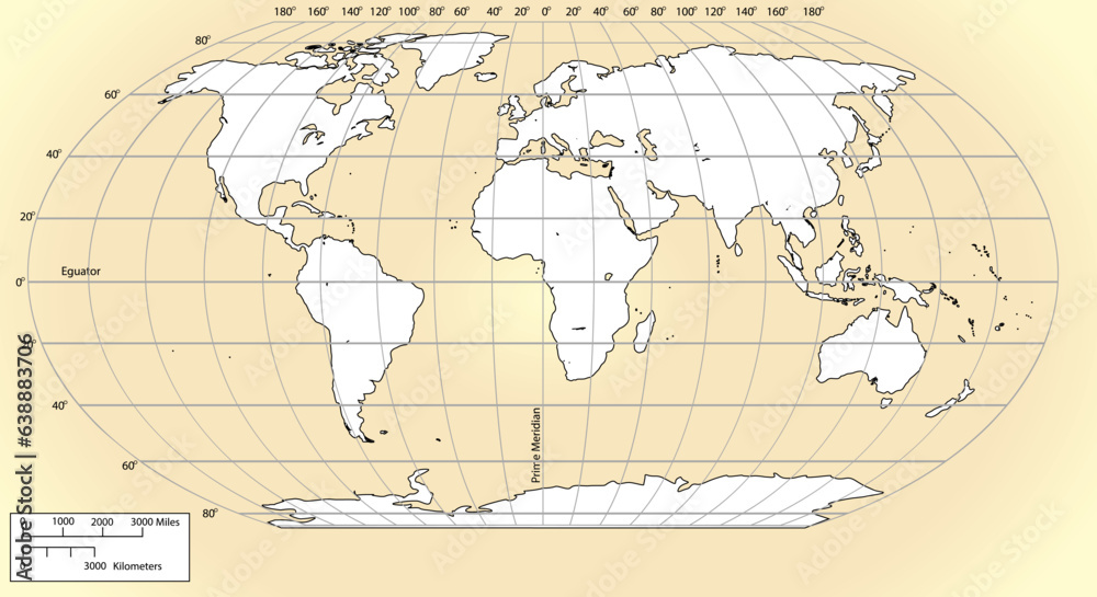Vector map of the world with countries and a grid in the projection for ...