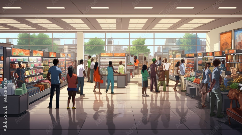 A bustling shopping scene, customers browsing through aisles, shopping ...