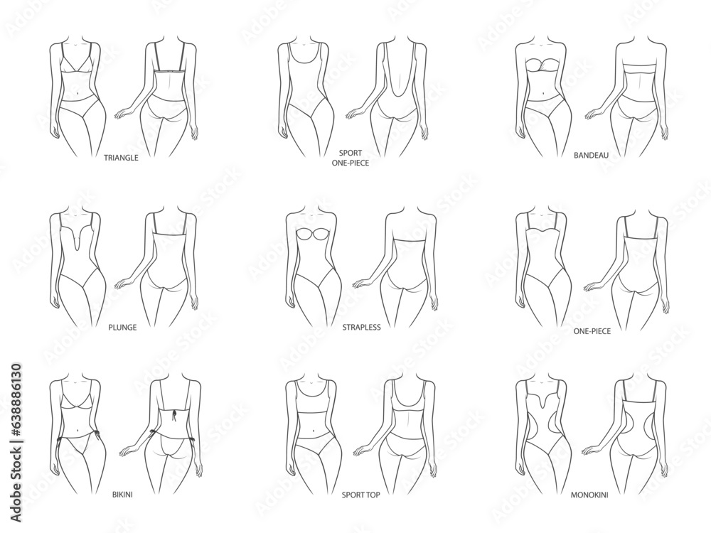 Collection of swimwears on a woman's body. Swimsuits front and back ...