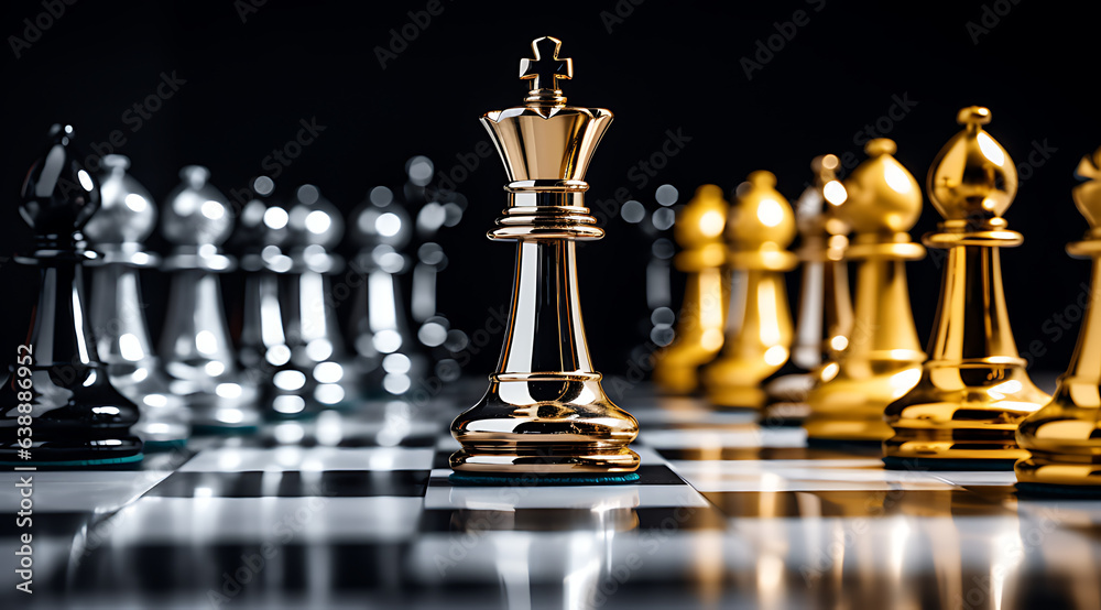 Golden whiter King as a leader of the chess board game. surrounded by ...