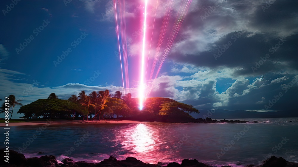 A powerful laser beam, amplified by microwaves, targets a remote island ...