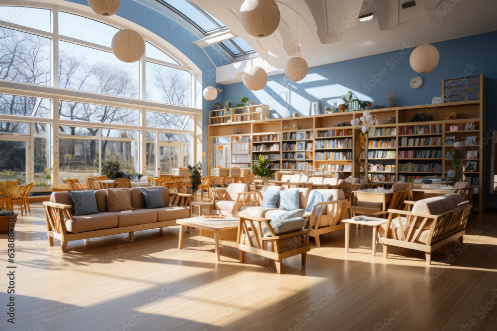 Public library interior with no people and bookshelves. Workplace table ...