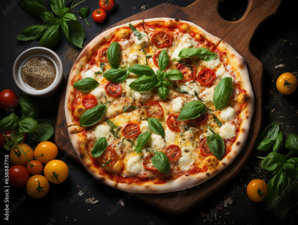 Pizza Margherita on black stone background, top view. Pizza Margarita ...