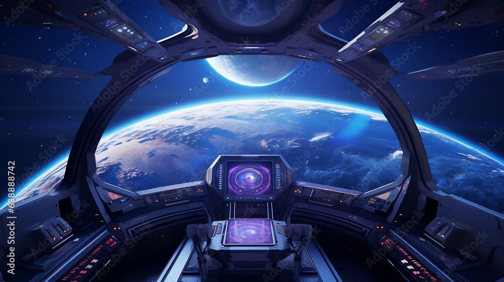 Cockpit of spaceship with alien world planets horizon, mother ship in ...