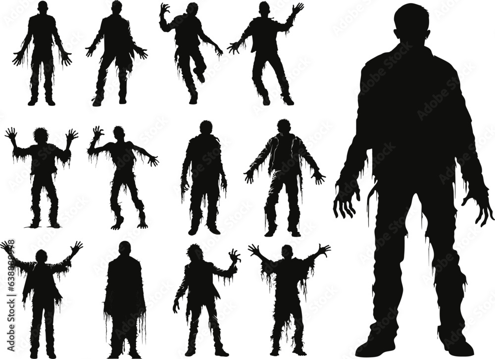 Vector zombie collection in silhouette style. Full body many action in ...