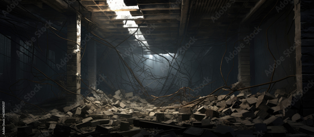 Inside a dark and dim abandoned or destroyed building. Crumbling ...