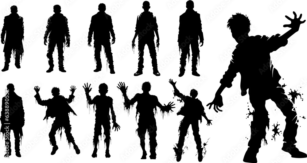 Zombie standing and walking actions in Silhouette style collection ...