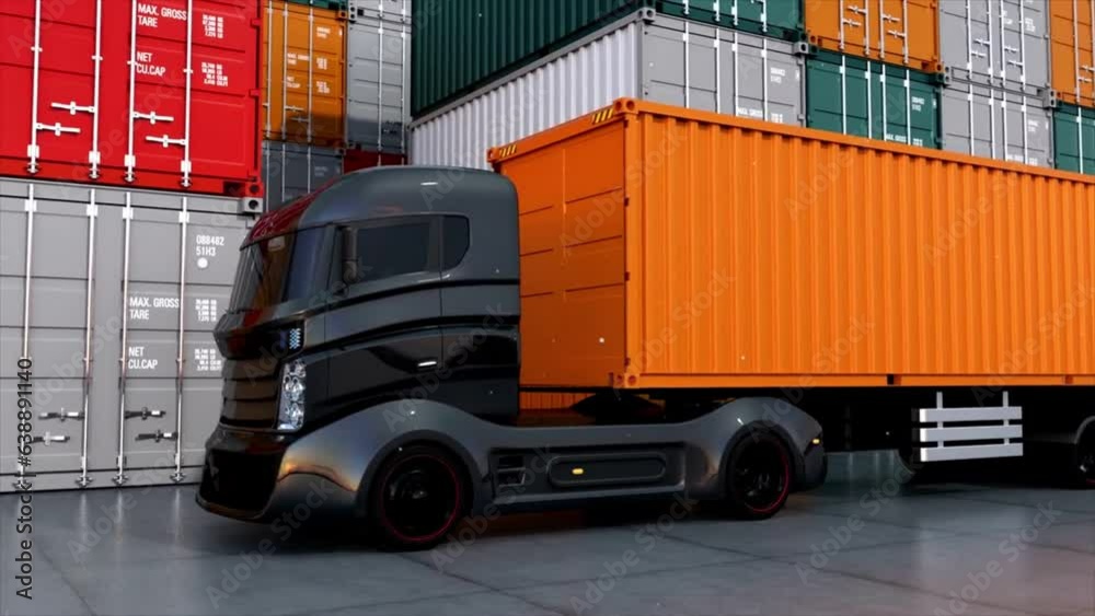 3d rendered animation of loading freight container on Black truck ...