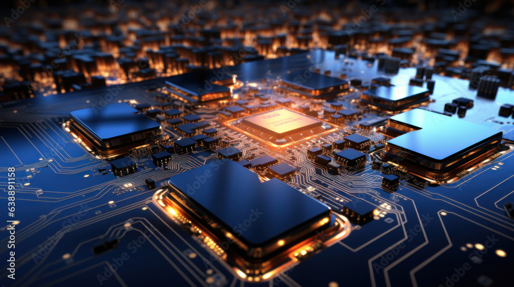 High-end computer circuitry. Show digital connections and network lines ...