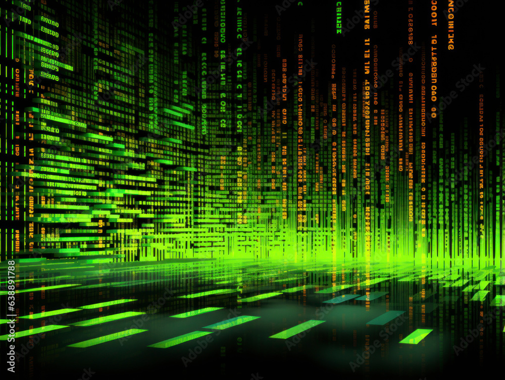Matrix-inspired glitch background with flowing streams of neon green binary code on a pitch ...