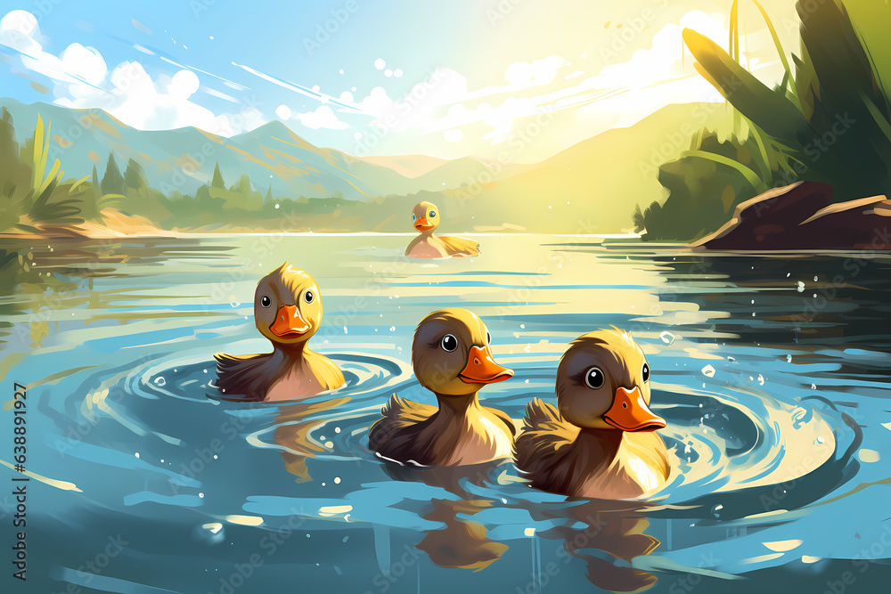 flock of baby ducks swimming in a lake cartoon illustration Stock ...