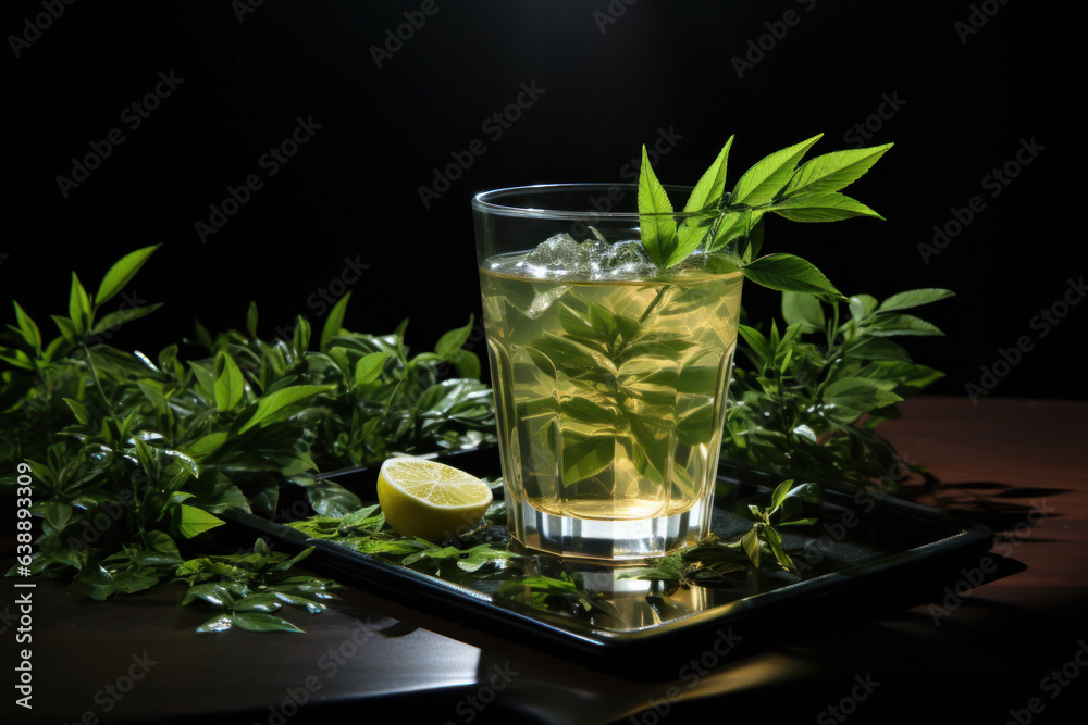 tropical tea filling the shape of an invisible glass, we do not see the ...