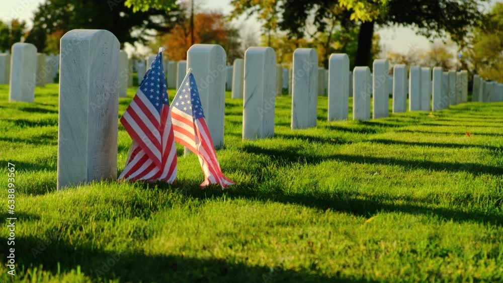 Field of American flags at Sunset. Flags on grave stones for memorial ...