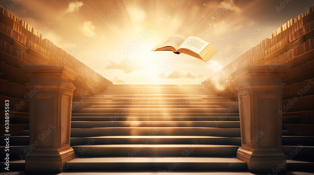 Bible floating in heavenly ascent towards the divine unknown Stock ...