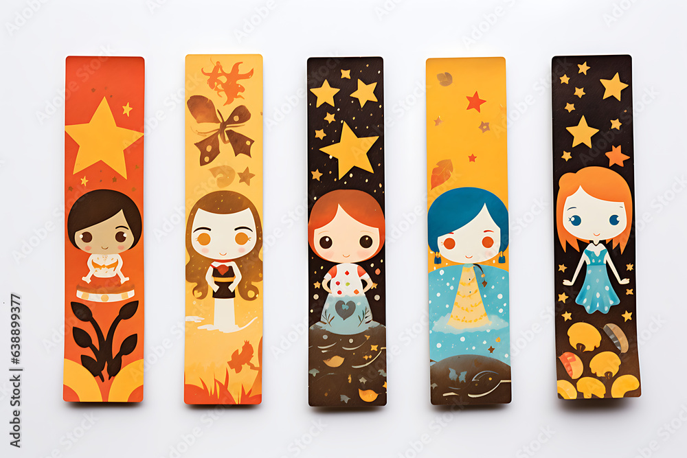 Bookmarks with cartoon characters and stars. A set of four bookmarks ...