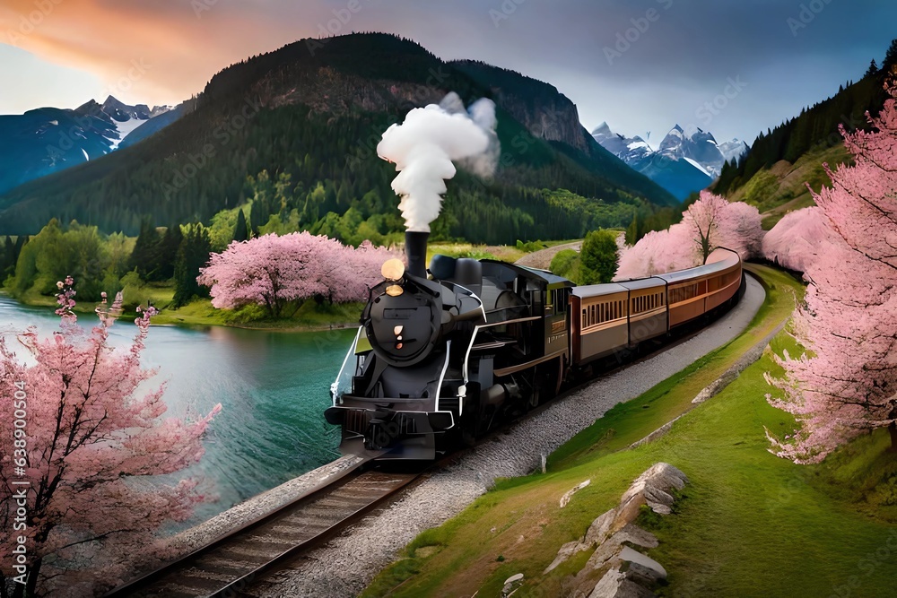 steam locomotive train in the beautiful panorama with mountain and ...