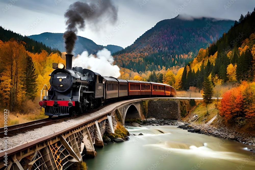 steam locomotive train in the autumn panorama, generative Ai art Stock ...