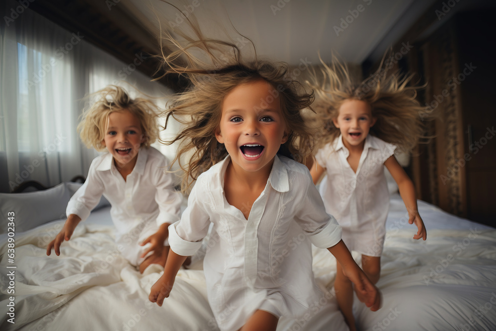 Super happy kids jumping on bed in bedroom, Generative Ai illustration Stock Photo | Adobe Stock